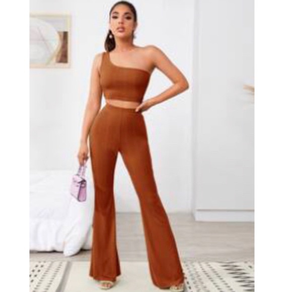 SHEIN | Pants & Jumpsuits | Two Piece Ribbed Set Flare Pants And One ...